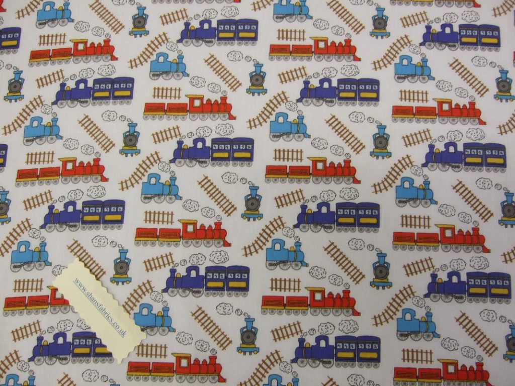 POLY/COTTON PRINT FABRIC - TRAINS - WHITE - Shan's Fabrics